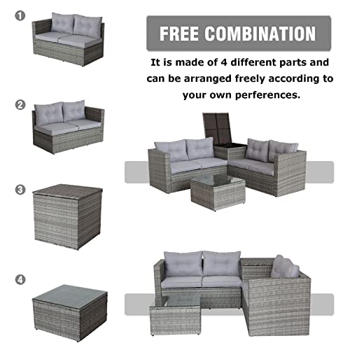 GODAFA 4-Piece Outdoor Patio Furniture Set-All-Weather PE Rattan Sectional Sofa with Storage Box-Perfect for Backyard, Porch, and Poolside, 1, Gray