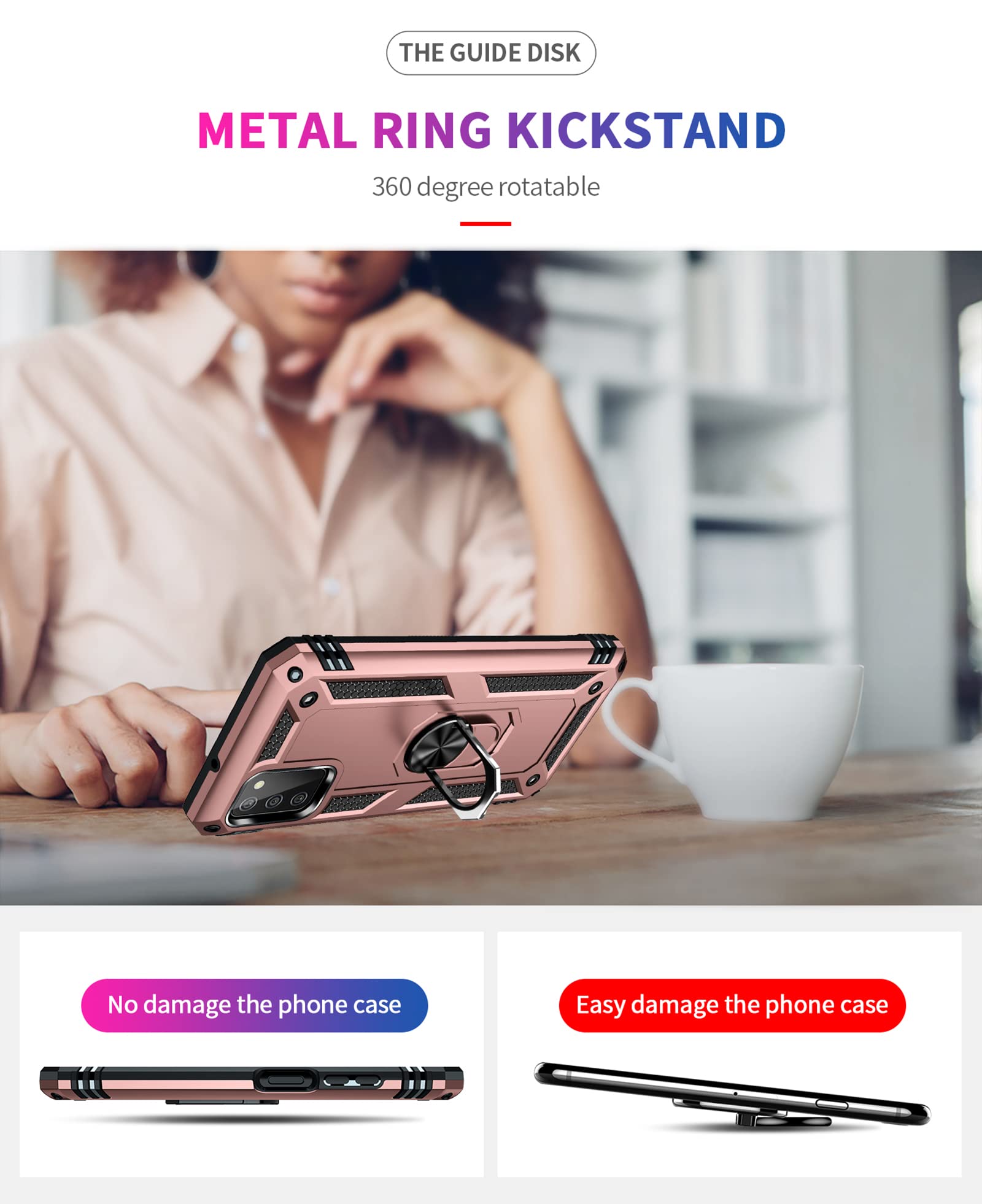 PUSHIMEI Galaxy A03S Case, Military Grade 16ft Drop Tested, Ring Holder Kickstand, with Screen Protector - Rose Gold