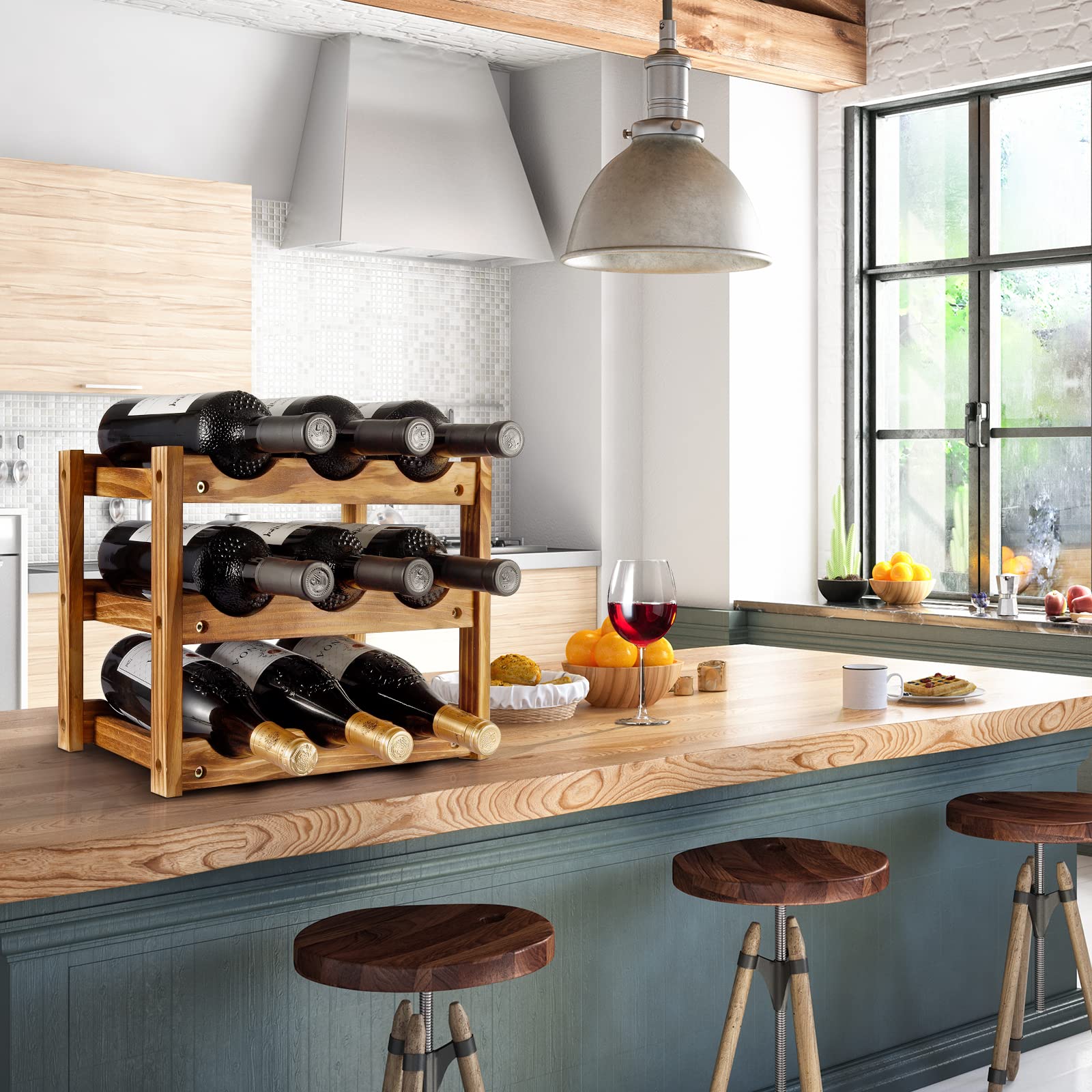 Wine Rack 9 Bottle 3-Tier Wood Wine Storage Easy-Assembly Space-Saving for Wine Lovers,Kitchen Wine Organizer for Countertop,Table Top,Pantry, Home,Room Decor,Bar,Cellar Basement (3-Tiers)