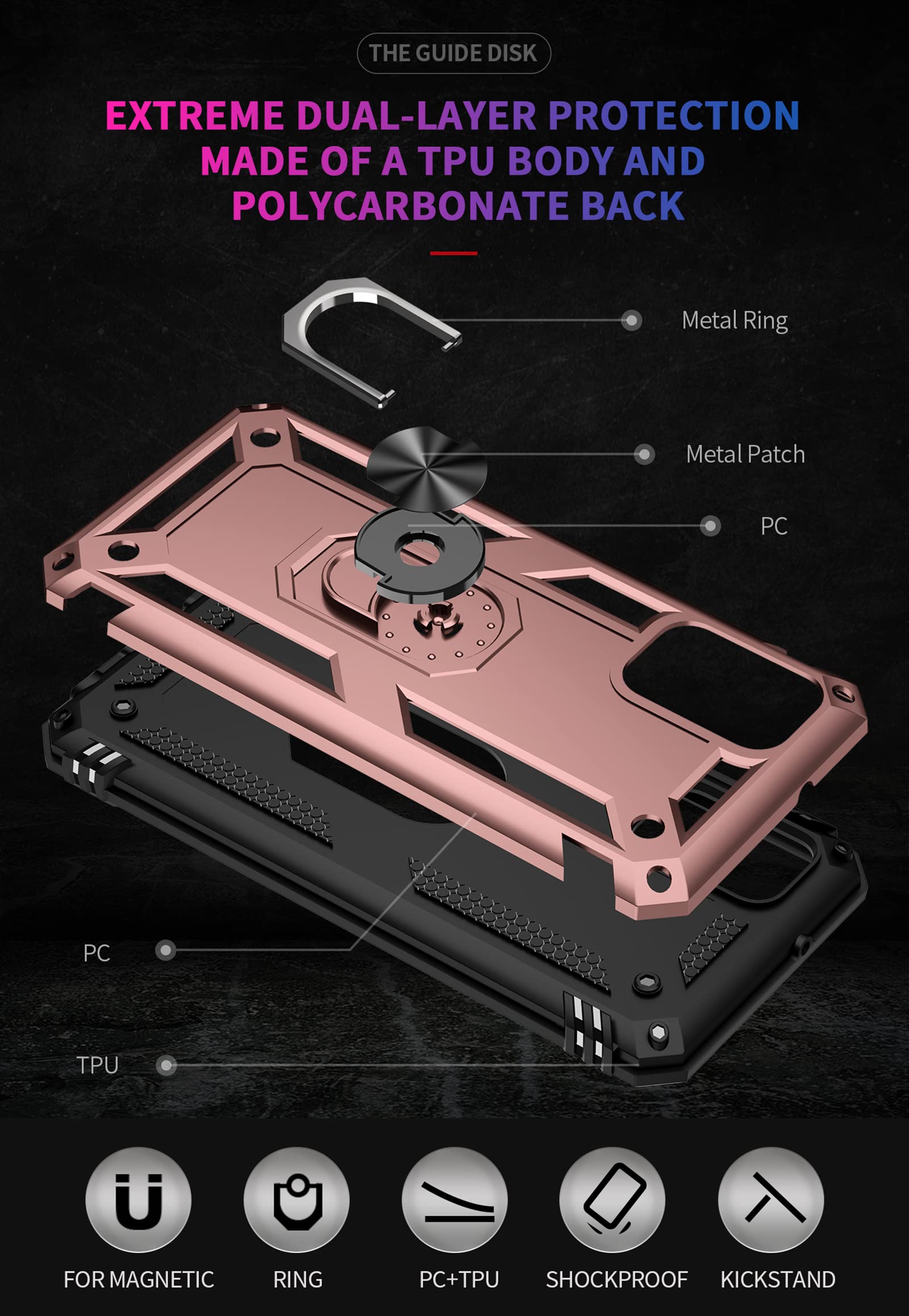 PUSHIMEI Galaxy A03S Case, Military Grade 16ft Drop Tested, Ring Holder Kickstand, with Screen Protector - Rose Gold
