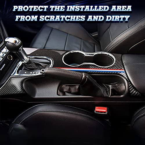 Xotic Tech Center Console Gear Water Cup Panel Cover Trim, Genuine Soft Carbon Fiber with 3 Color Strips, Compatible with Ford Mustang 2015-up