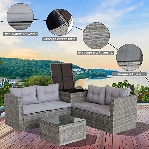 GODAFA 4-Piece Outdoor Patio Furniture Set-All-Weather PE Rattan Sectional Sofa with Storage Box-Perfect for Backyard, Porch, and Poolside, 1, Gray