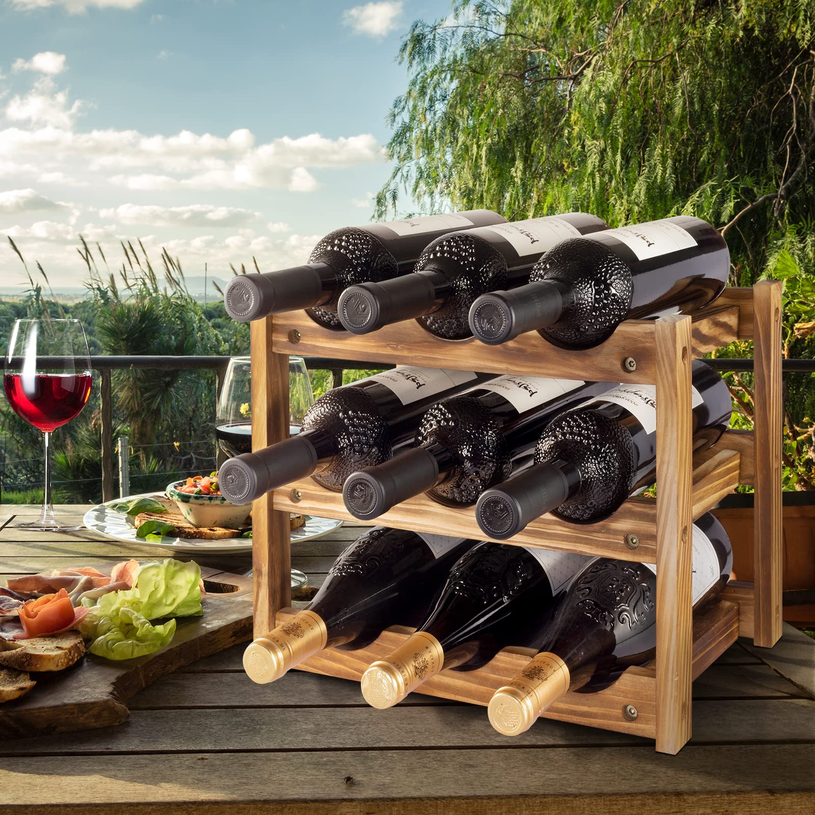 Wine Rack 9 Bottle 3-Tier Wood Wine Storage Easy-Assembly Space-Saving for Wine Lovers,Kitchen Wine Organizer for Countertop,Table Top,Pantry, Home,Room Decor,Bar,Cellar Basement (3-Tiers)