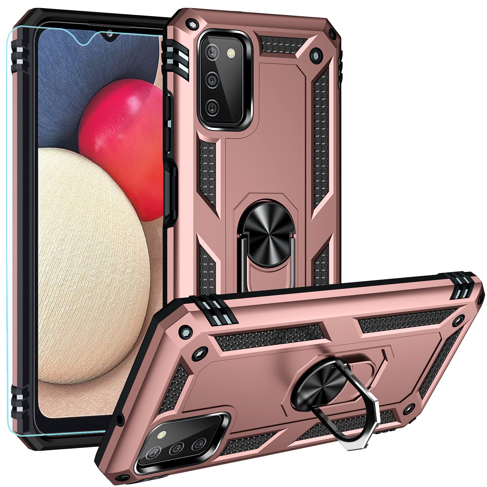 PUSHIMEI Galaxy A03S Case, Military Grade 16ft Drop Tested, Ring Holder Kickstand, with Screen Protector - Rose Gold