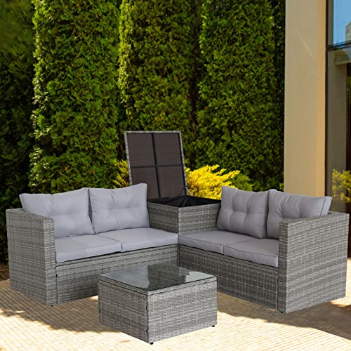 GODAFA 4-Piece Outdoor Patio Furniture Set-All-Weather PE Rattan Sectional Sofa with Storage Box-Perfect for Backyard, Porch, and Poolside, 1, Gray