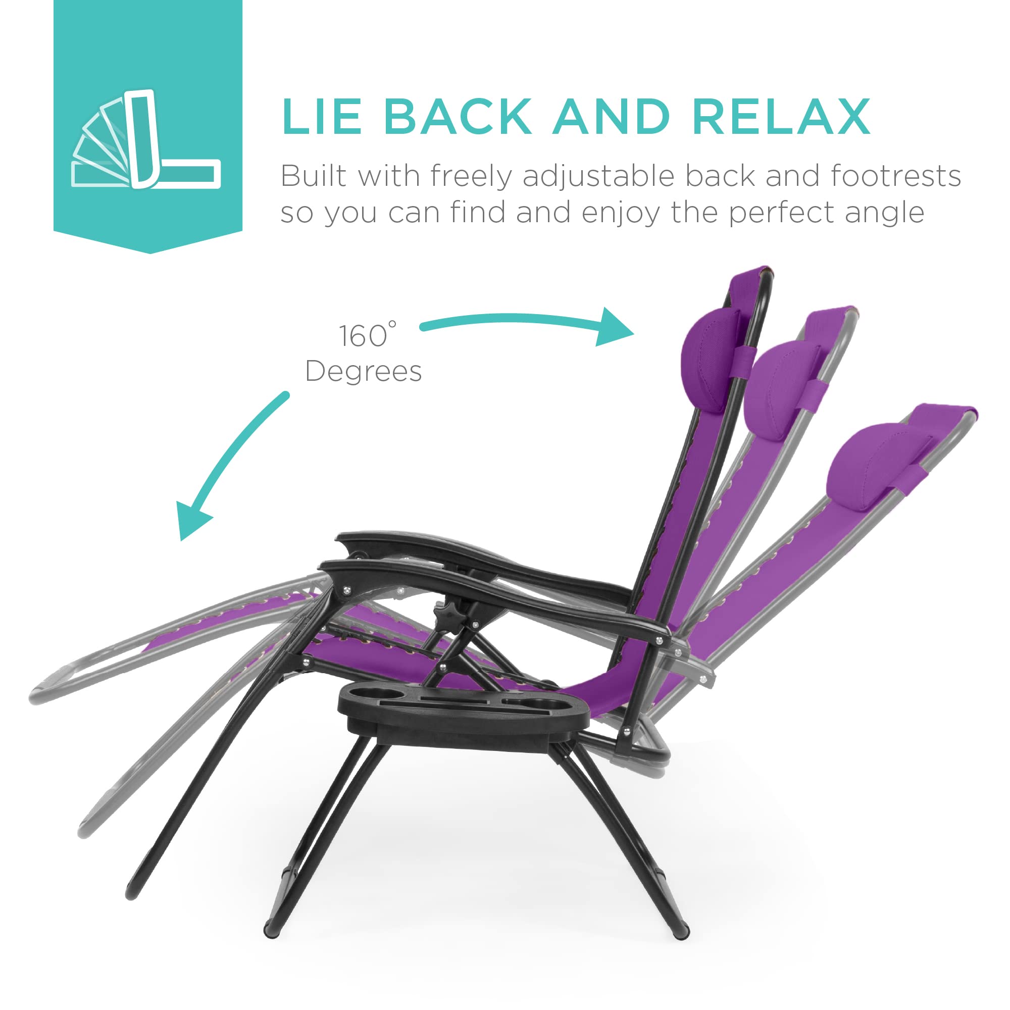 Best Choice Products Set of 2 Adjustable Steel Mesh Zero Gravity Lounge Chair Recliners w/Pillows and Cup Holder Trays - Amethyst Purple