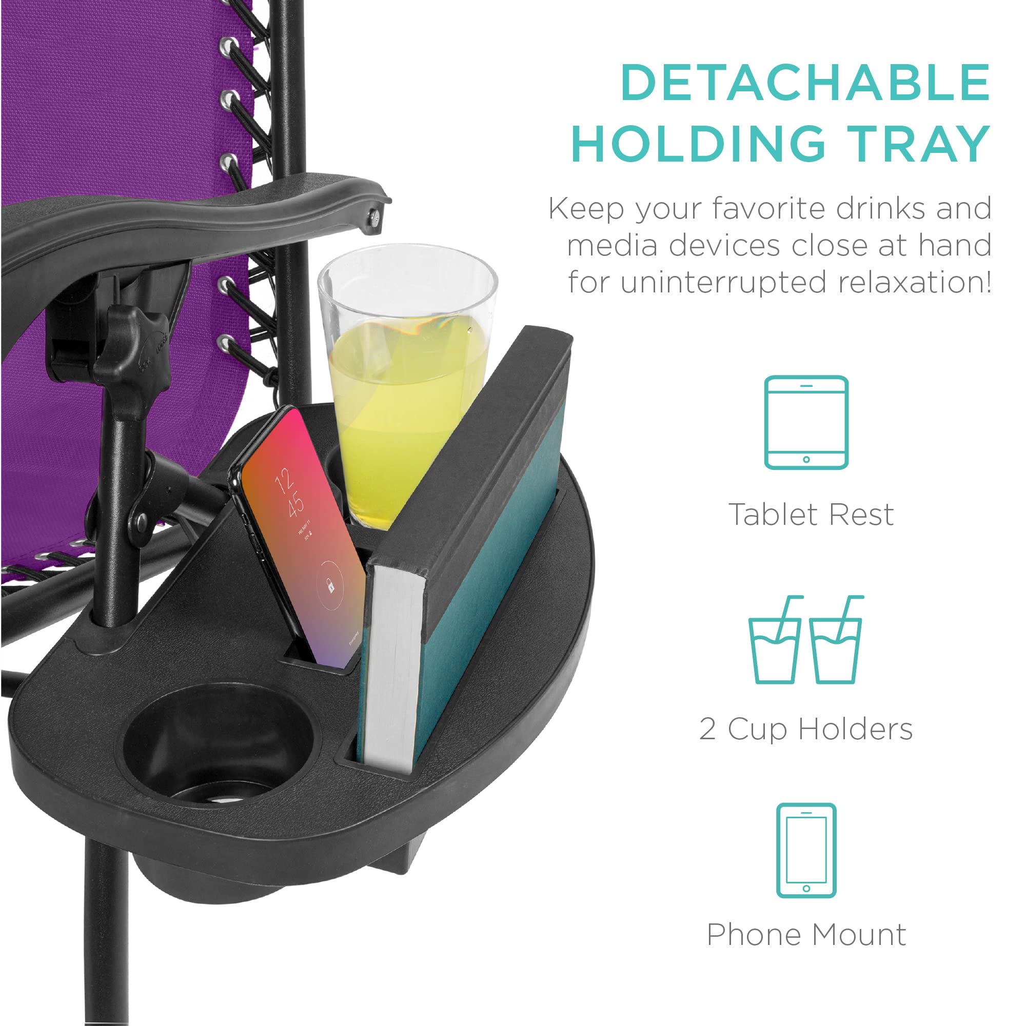 Best Choice Products Set of 2 Adjustable Steel Mesh Zero Gravity Lounge Chair Recliners w/Pillows and Cup Holder Trays - Amethyst Purple