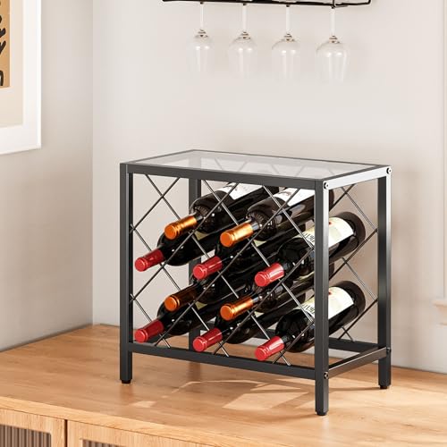 HOOBRO Wine Rack Countertop, 10-Bottle Wine Storage Rack, Freestanding Modern Glass Metal Small Wine Rack, Tabletop Wine Holder Stand for Bar, Dining Room, Kitchen, Black BK11JJ01