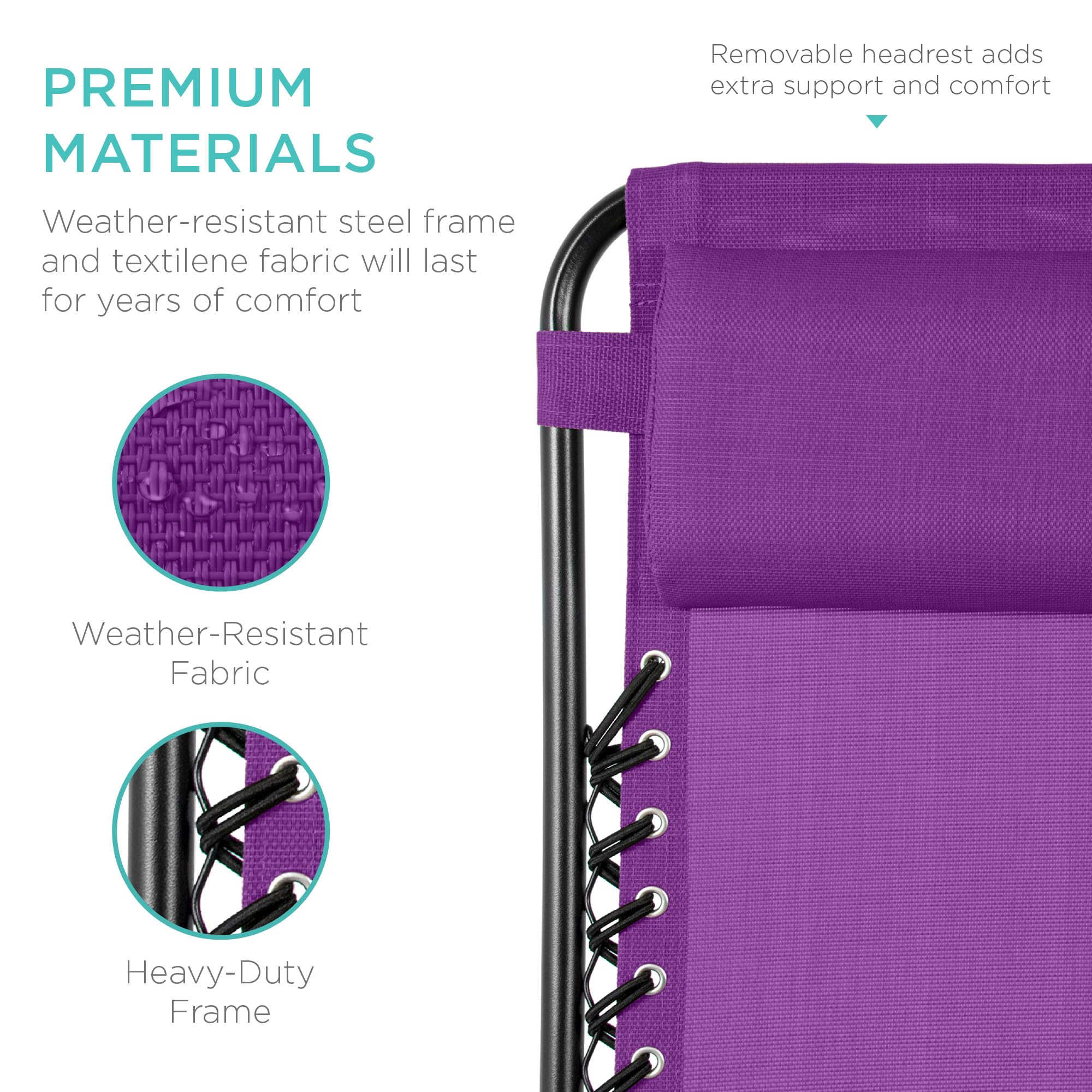 Best Choice Products Set of 2 Adjustable Steel Mesh Zero Gravity Lounge Chair Recliners w/Pillows and Cup Holder Trays - Amethyst Purple