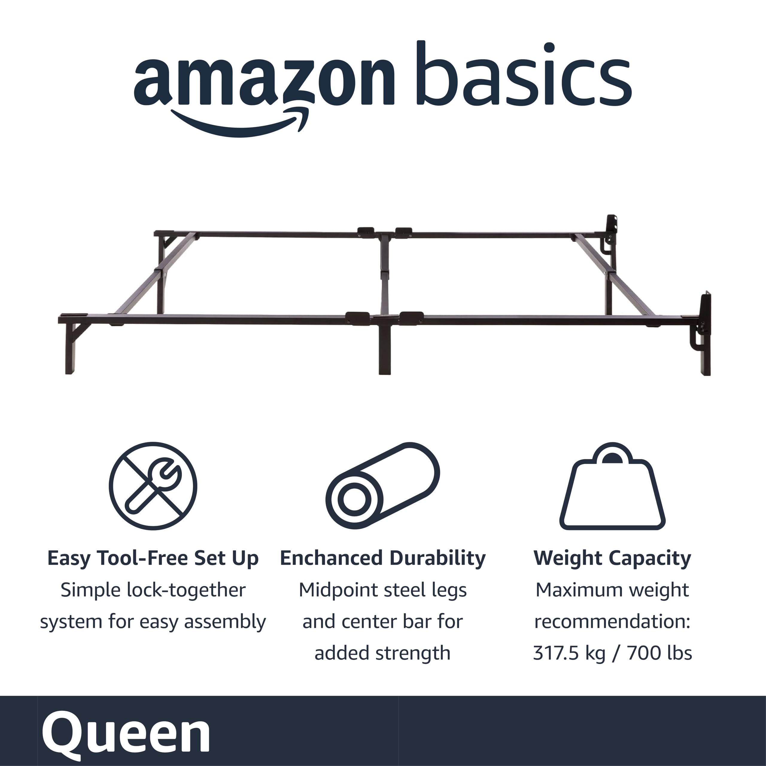 Amazon Basics Metal Bed Frame, 9-Leg Base for Box Spring and Mattress - Queen, 79.5 x 60-Inches, Tool-Free Easy Assembly