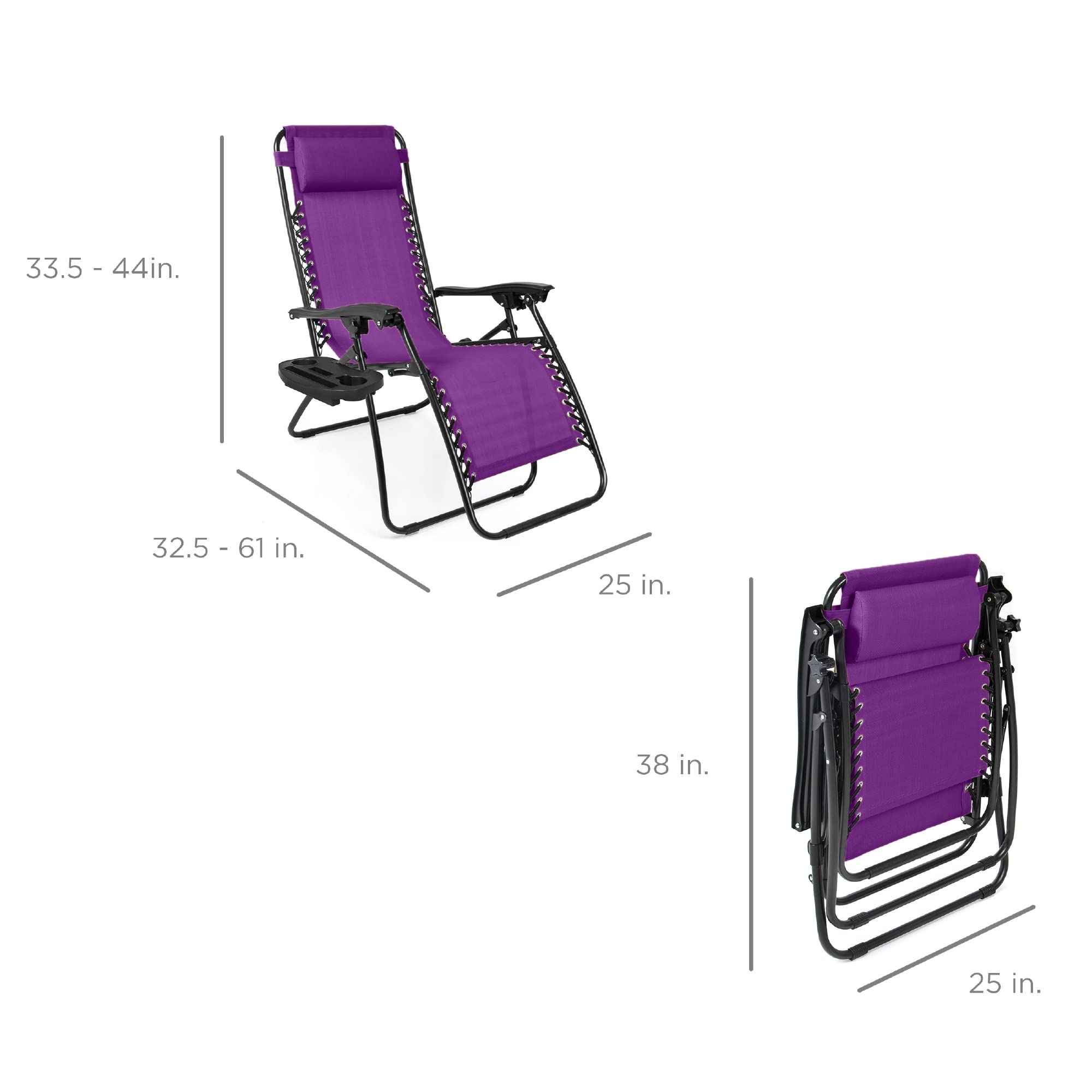 Best Choice Products Set of 2 Adjustable Steel Mesh Zero Gravity Lounge Chair Recliners w/Pillows and Cup Holder Trays - Amethyst Purple
