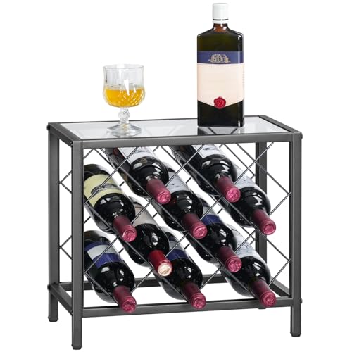 HOOBRO Wine Rack Countertop, 10-Bottle Wine Storage Rack, Freestanding Modern Glass Metal Small Wine Rack, Tabletop Wine Holder Stand for Bar, Dining Room, Kitchen, Black BK11JJ01