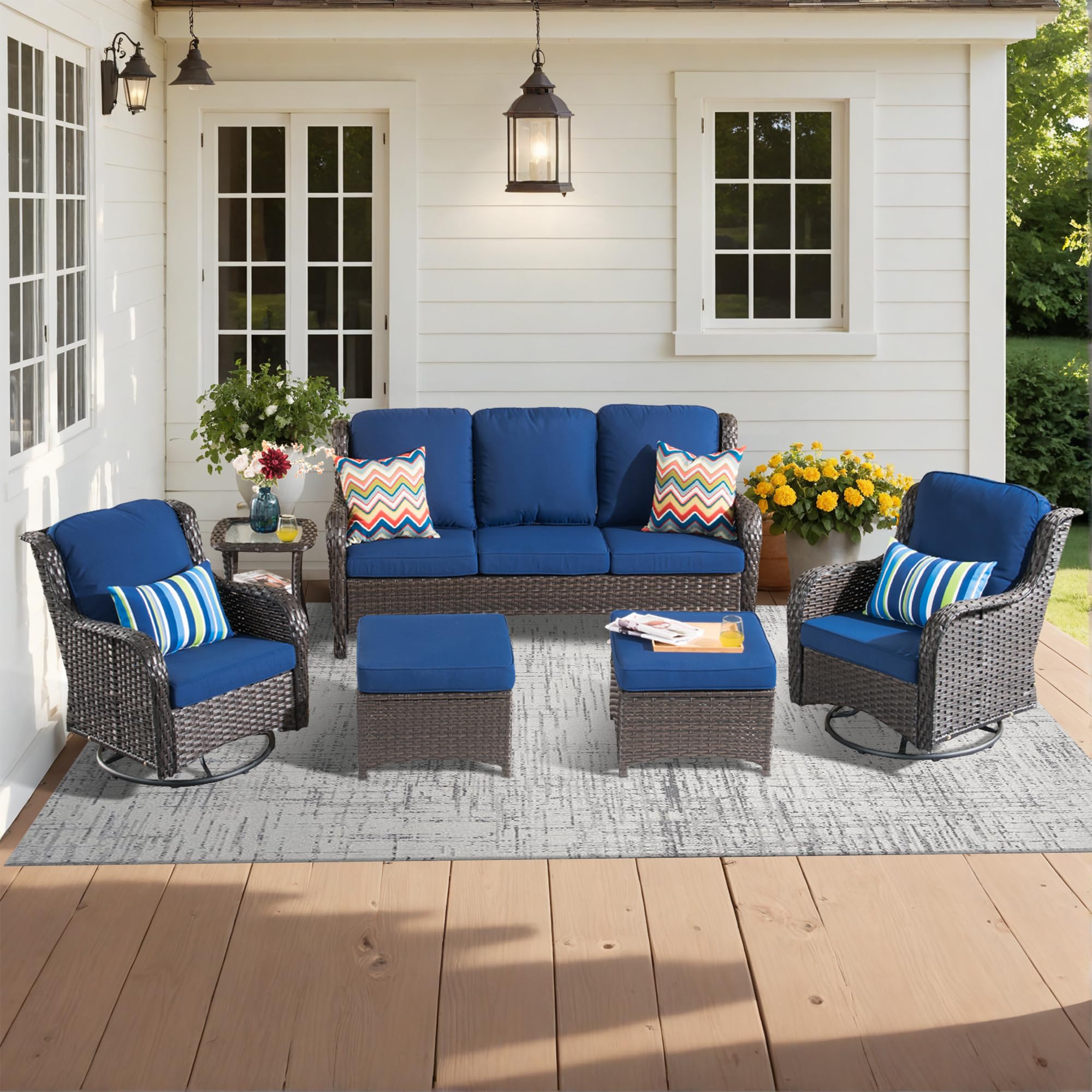 XIZZI Patio Furniture Set with Swivel Rocking Chairs,6 Pieces All Weather Wicker Outdoor Furniture with Sofa,High Back Patio Conversation Set for Balcony,Deck,and Backyard,Brown Rattan Navy Blue