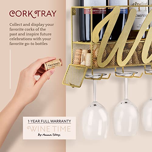 Anna Stay Wine Rack Wall Mounted - Decorative Wine Rack with Wine Glass Holder, Wall Mounted Wine Rack inc Cork Storage & Wine Charms, Wine Gifts with Wine Bottle Holder for Wine Decor