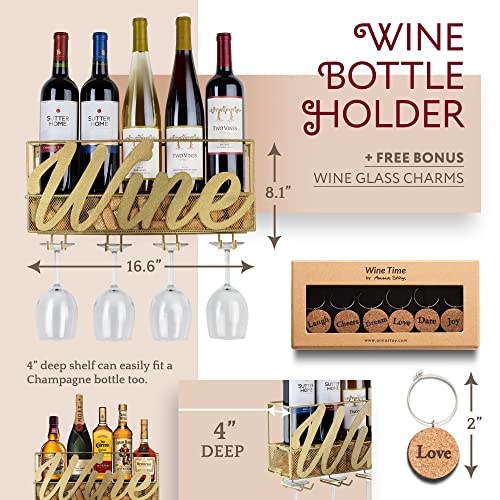 Anna Stay Wine Rack Wall Mounted - Decorative Wine Rack with Wine Glass Holder, Wall Mounted Wine Rack inc Cork Storage & Wine Charms, Wine Gifts with Wine Bottle Holder for Wine Decor