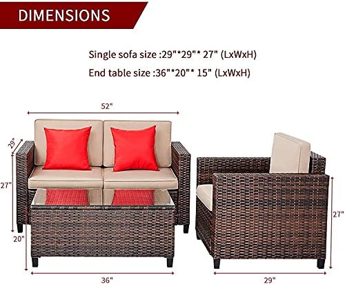 SUNCROWN 4-Piece Outdoor Patio Wicker Furniture Sofa Set, Sectional Conversation Set with Cushions and Tempered Glass Table-Brown