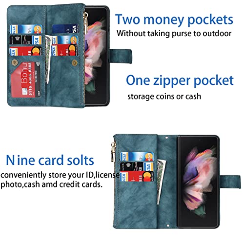 Cavor for Samsung Galaxy Z Fold 3 Crossbody Wallet Case with S Pen Holder, Leather Magnetic Closure Zipper Pocket Case with Card Slots Kickstand Feature TPU Shockproof Flip Cover,Light blue