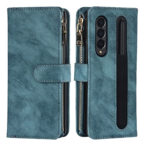 Cavor for Samsung Galaxy Z Fold 3 Crossbody Wallet Case with S Pen Holder, Leather Magnetic Closure Zipper Pocket Case with Card Slots Kickstand Feature TPU Shockproof Flip Cover,Light blue