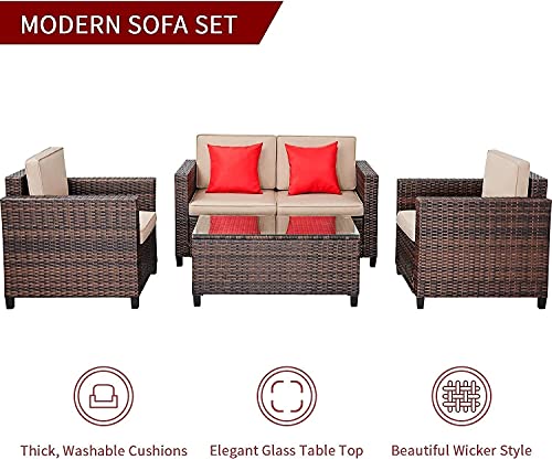 SUNCROWN 4-Piece Outdoor Patio Wicker Furniture Sofa Set, Sectional Conversation Set with Cushions and Tempered Glass Table-Brown