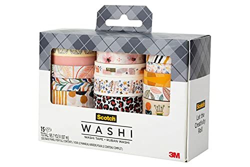 Scotch Washi Tape, Whimsical Design, 15 Rolls, Great for Bullet Journaling, Scrapbooking and DIY Décor (C1017-15-P5)