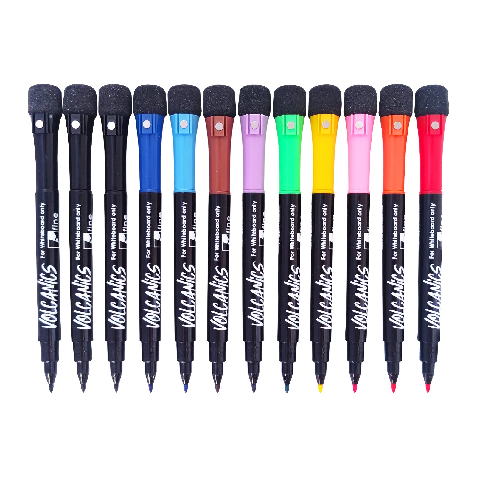 Volcanics Magnetic Dry Erase Markers White Board Markers with Eraser, Low Odor Whiteboard Markers Fine Tip for Teachers Office & School Supplies Pack of 12,10 Colors