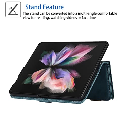 Cavor for Samsung Galaxy Z Fold 3 Crossbody Wallet Case with S Pen Holder, Leather Magnetic Closure Zipper Pocket Case with Card Slots Kickstand Feature TPU Shockproof Flip Cover,Light blue