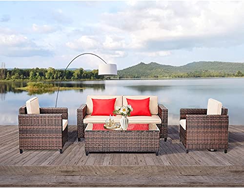 SUNCROWN 4-Piece Outdoor Patio Wicker Furniture Sofa Set, Sectional Conversation Set with Cushions and Tempered Glass Table-Brown