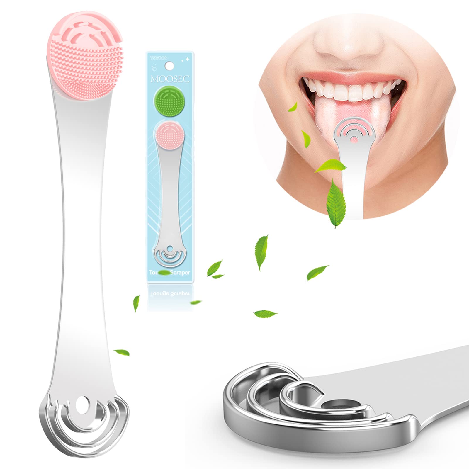Moosec Tongue Scraper Cleaner, Bad Breath Treament&Get Rid of White Tongue, 100% BPA Free Medical Grade Stainless Steel Tongue Scrubber for Oral Care Dentist Recommendation