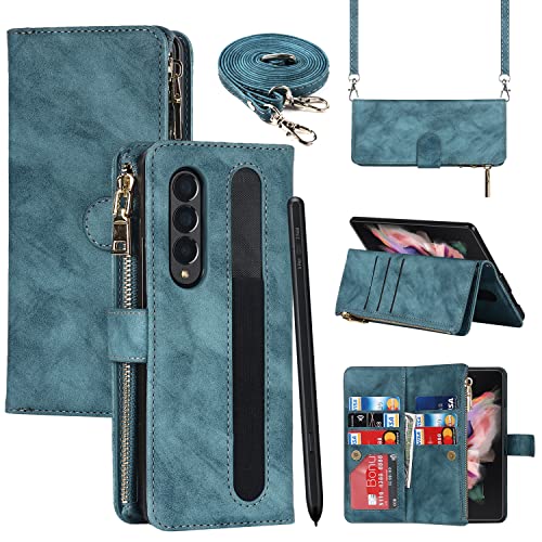 Cavor for Samsung Galaxy Z Fold 3 Crossbody Wallet Case with S Pen Holder, Leather Magnetic Closure Zipper Pocket Case with Card Slots Kickstand Feature TPU Shockproof Flip Cover,Light blue