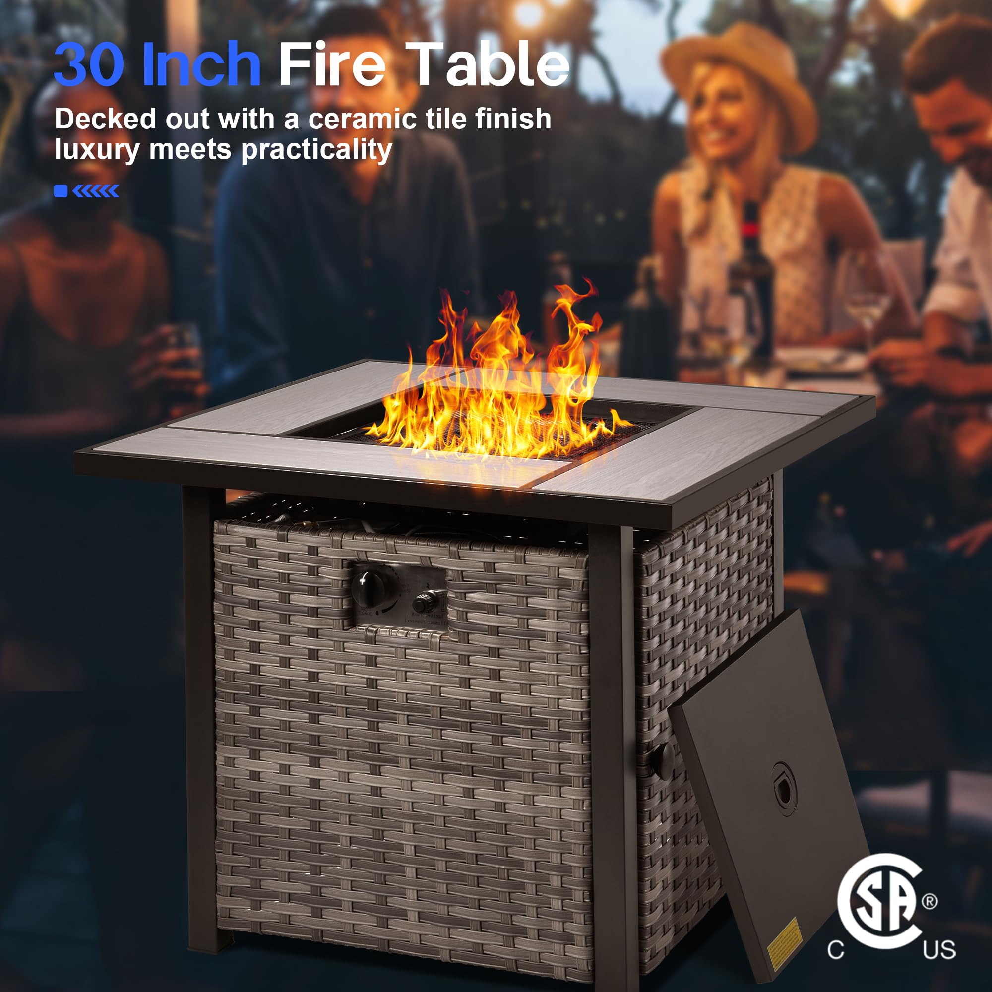 XIZZI Patio Furniture Sets Outdoor Swivel Rocking Chairs with 50,000 BTU Propane Fire Pit Table 7 Pieces All Weather PE Wicker Conversation Sofa and Matching Side Table,Grey Wicker Denim Blue