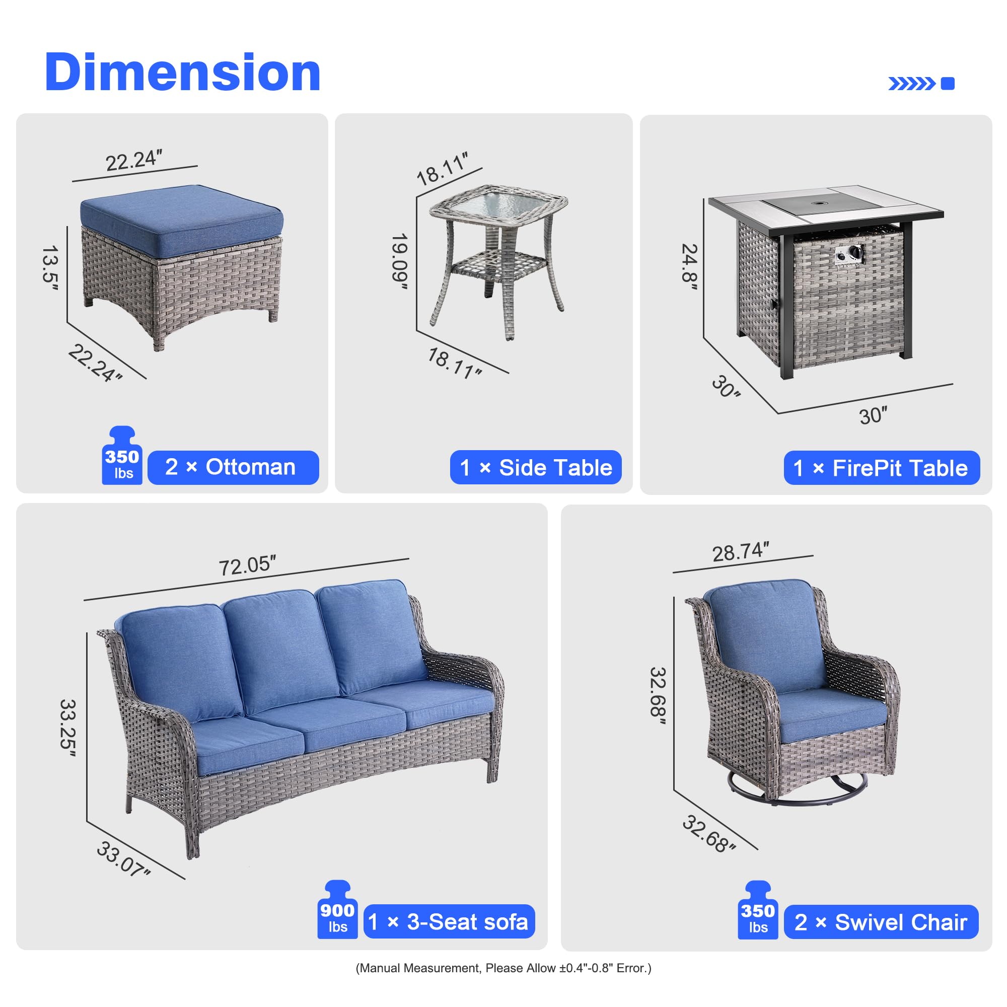 XIZZI Patio Furniture Sets Outdoor Swivel Rocking Chairs with 50,000 BTU Propane Fire Pit Table 7 Pieces All Weather PE Wicker Conversation Sofa and Matching Side Table,Grey Wicker Denim Blue