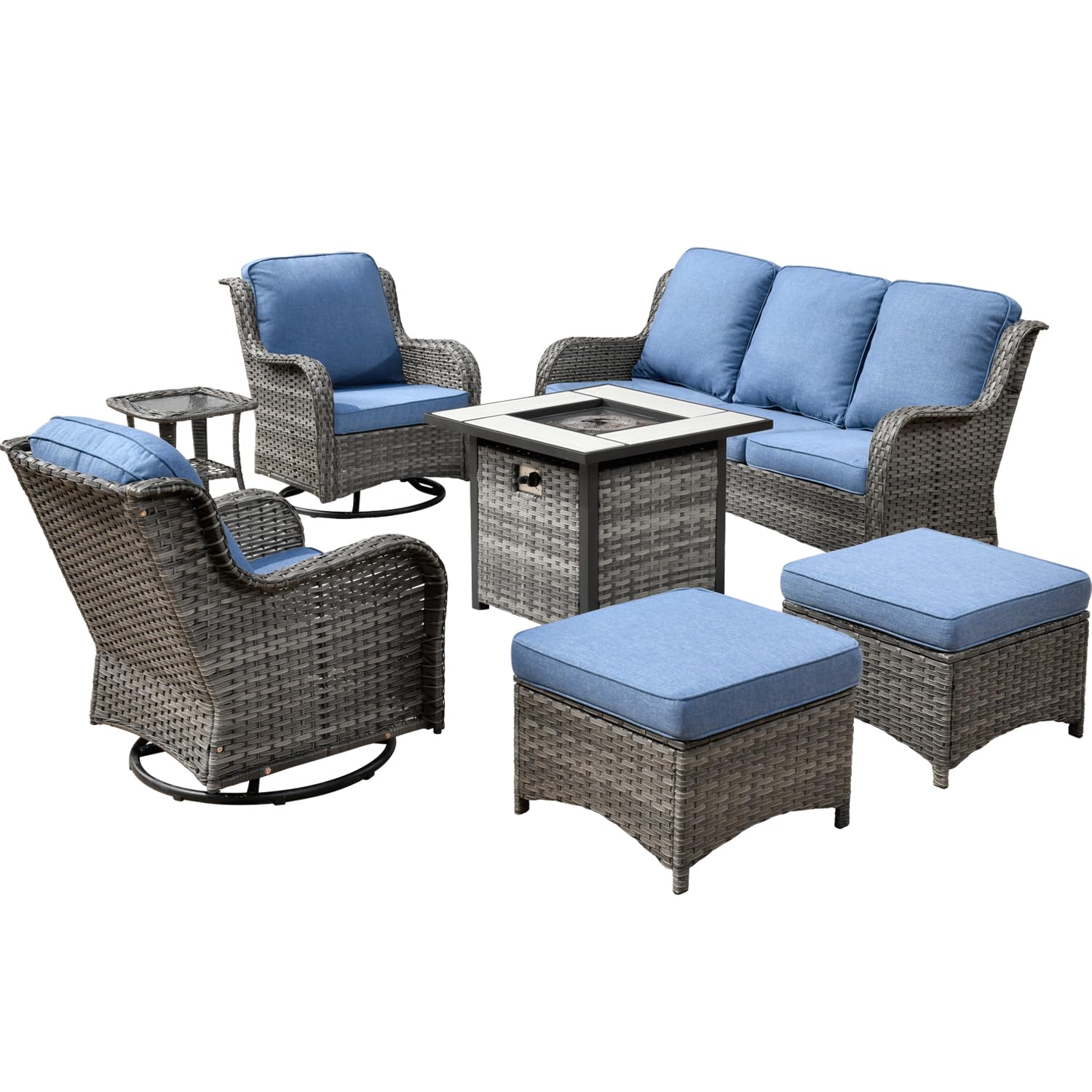 XIZZI Patio Furniture Sets Outdoor Swivel Rocking Chairs with 50,000 BTU Propane Fire Pit Table 7 Pieces All Weather PE Wicker Conversation Sofa and Matching Side Table,Grey Wicker Denim Blue
