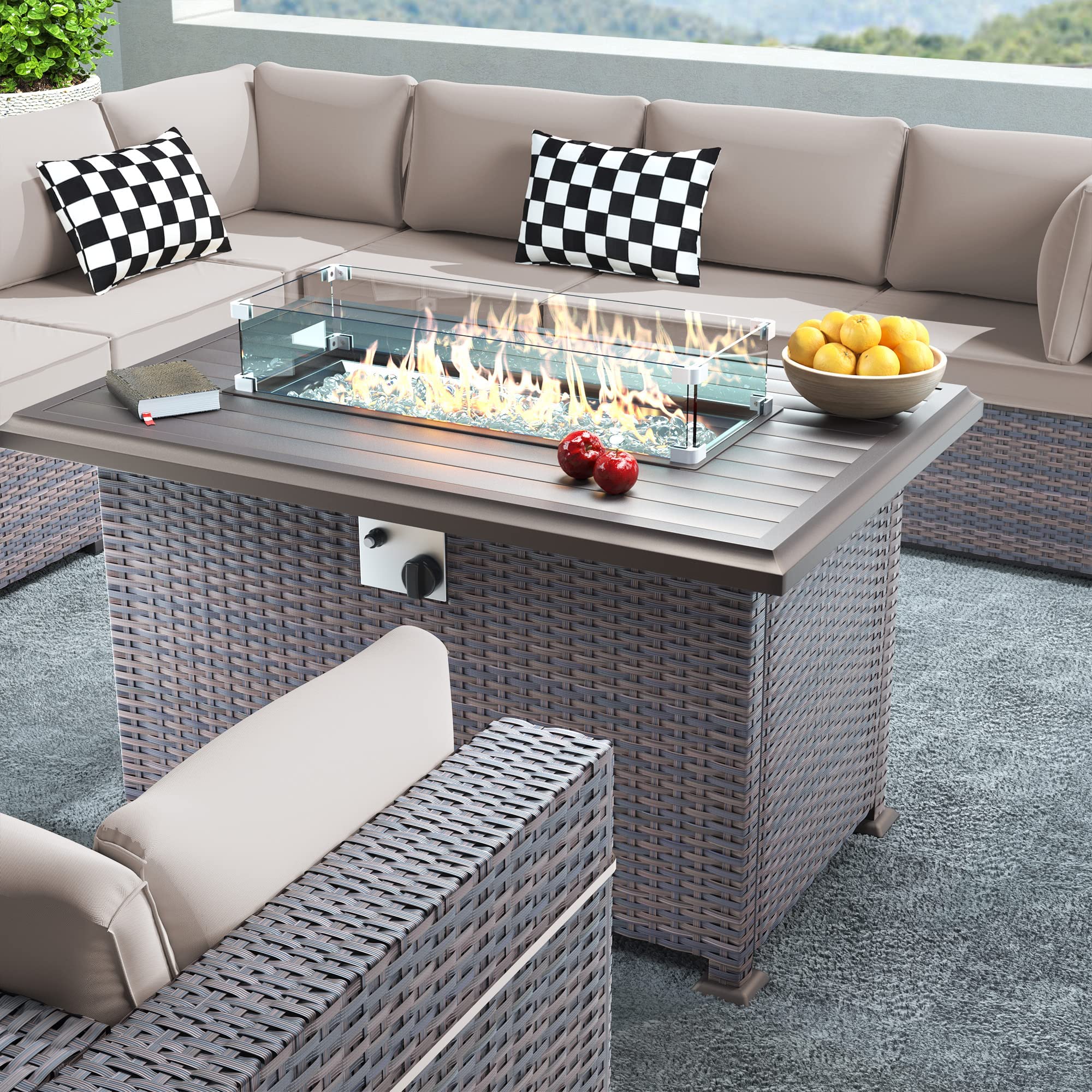 Gotland 15 Piece Outdoor Patio Furniture Set with Gas Fire Pit Table Sectional Sofa w/43in Propane Pit, 55,000 BTU Auto-Ignition Firepit w/Glass Wind Guard