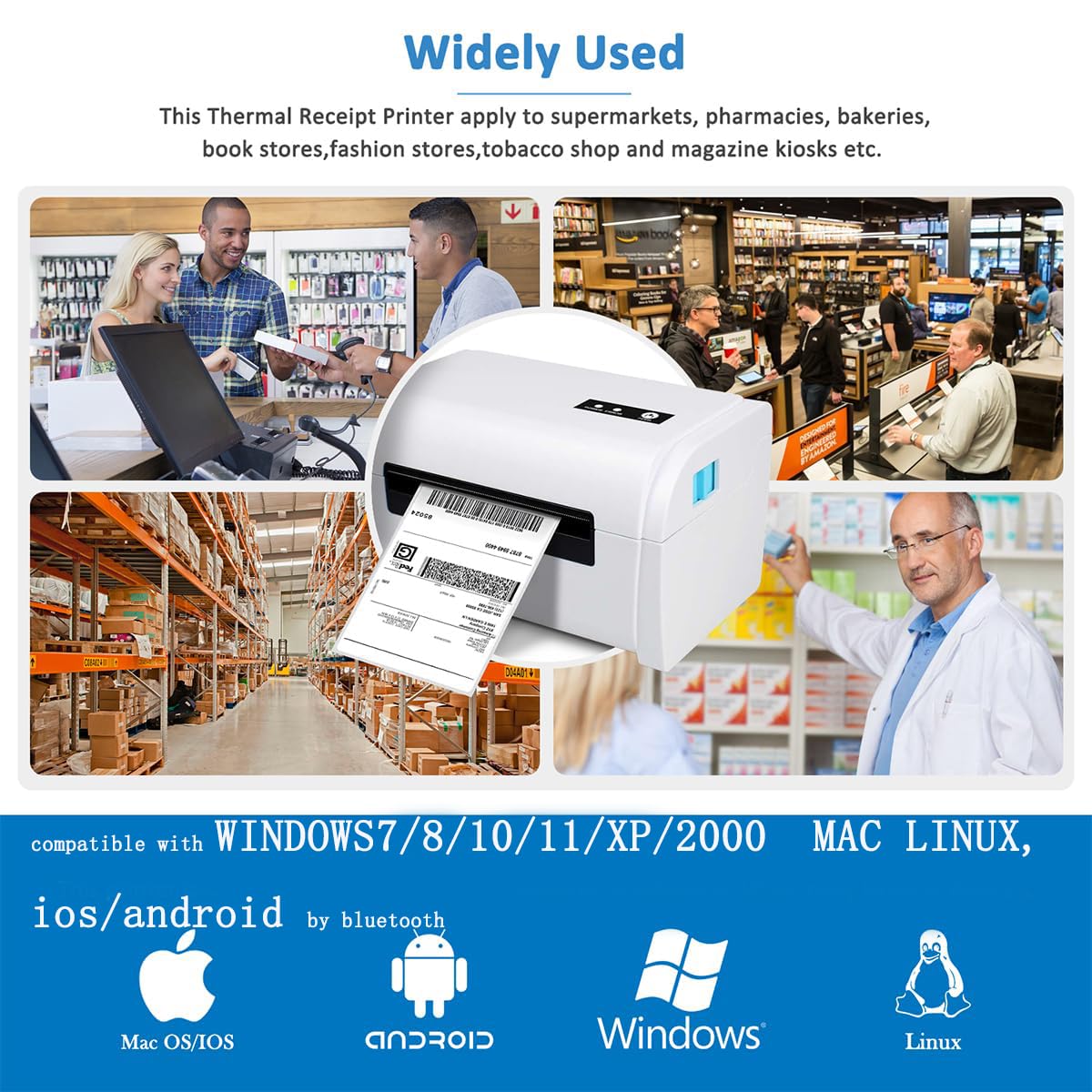 with U Disk (Driver.Software, Video are in U Disk) Label Maker Printer Thermal Barcode Shipping Printer Bluetooth and USB 110mm 4X6 Shipping Sticker Label Printer 4 inch (USB+Bluetooth Port)