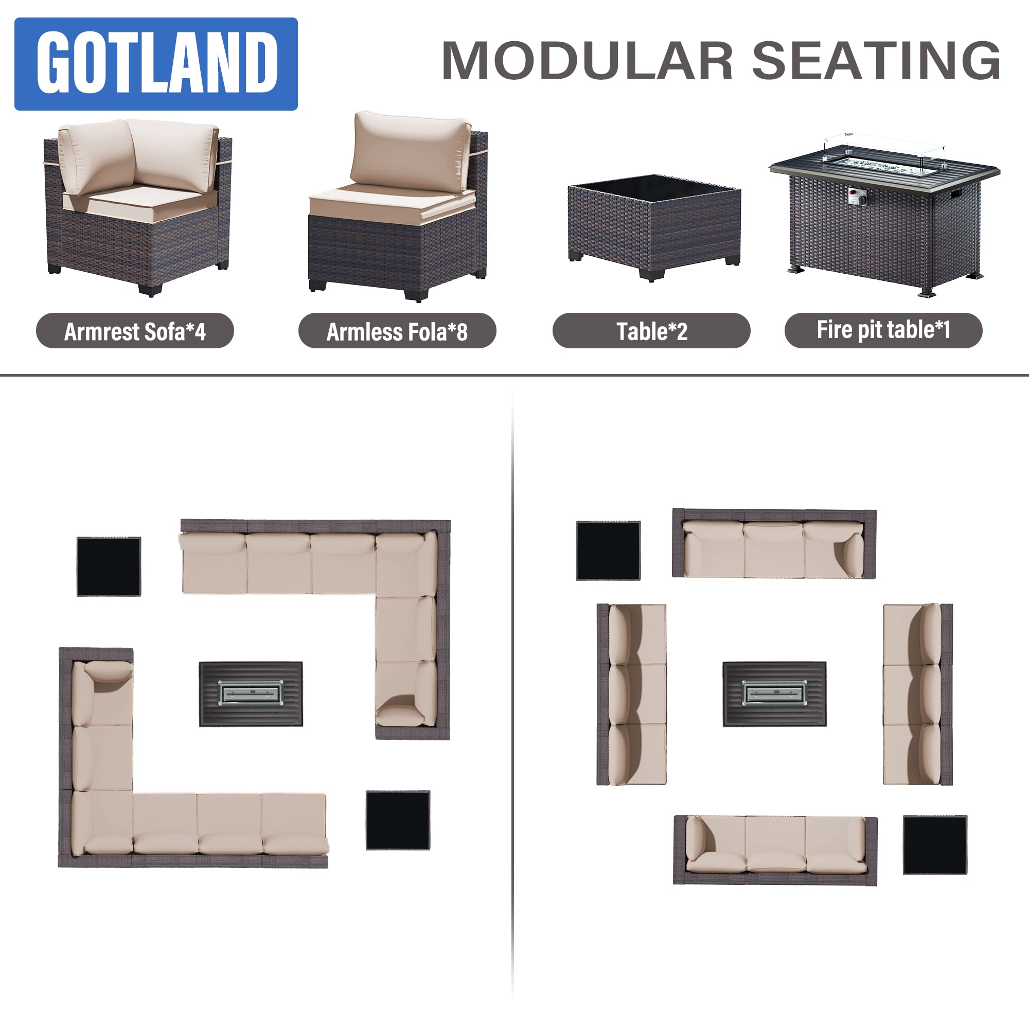 Gotland 15 Piece Outdoor Patio Furniture Set with Gas Fire Pit Table Sectional Sofa w/43in Propane Pit, 55,000 BTU Auto-Ignition Firepit w/Glass Wind Guard