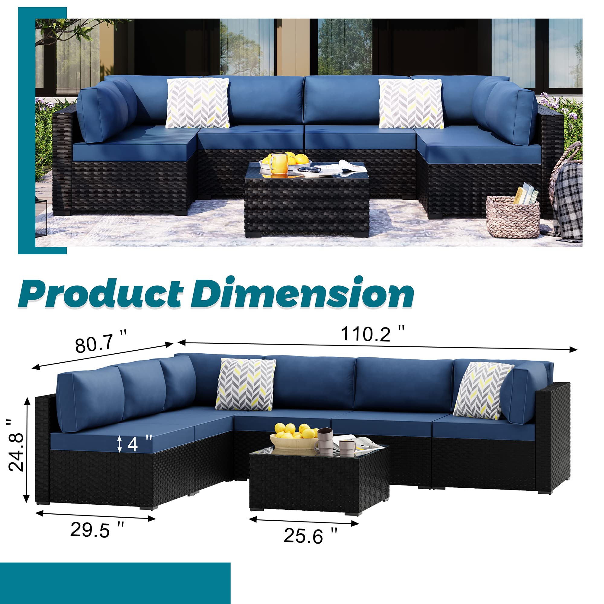 SUNLEI 7pcs Patio Conversation Sets Outdoor Furniture Sets, High Back All-Weather Rattan Sectional Sofa with Tea Table&Washable Couch Cushions(Black Rattan)(Aegean Blue)