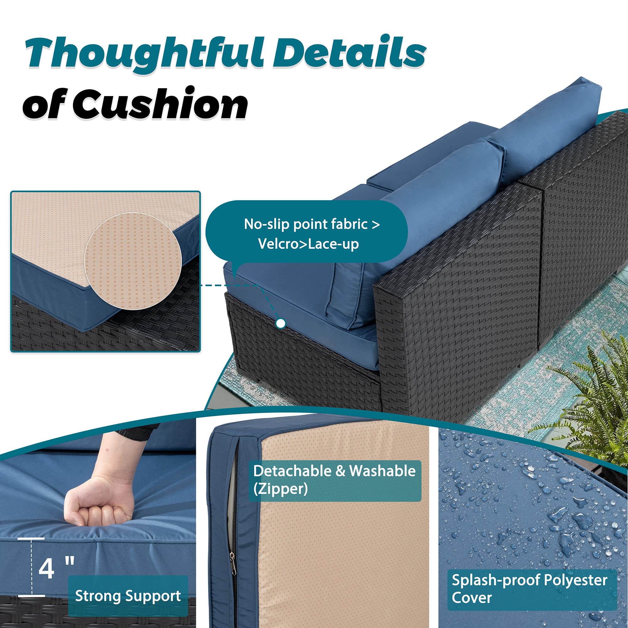 SUNLEI 7pcs Patio Conversation Sets Outdoor Furniture Sets, High Back All-Weather Rattan Sectional Sofa with Tea Table&Washable Couch Cushions(Black Rattan)(Aegean Blue)