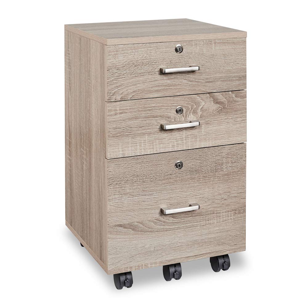 Bonnlo Upgraded 3-Drawer Rolling Wood File Cabinet with Lock, Mobile Filing Cabinet for Home Office, Under Desk File Cabinet for Hanging Letter Size Documents, Assembly Required, Oak, 26” H