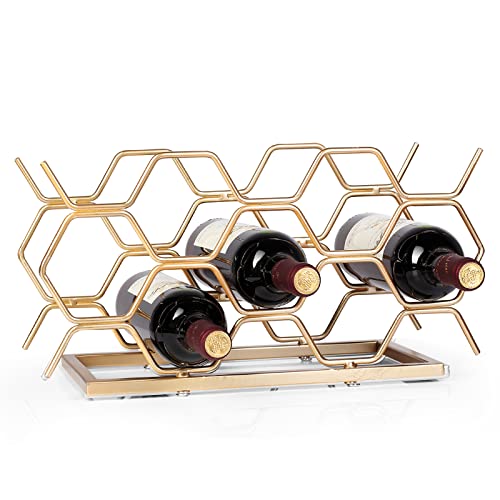 Drincarier Countertop Wine Rack - 10 Bottle Freestanding Modern Gold Metal Small Wine Rack - Tabletop Wine Holder Stand for Cabinet, Pantry, Wine Bottle Storage……