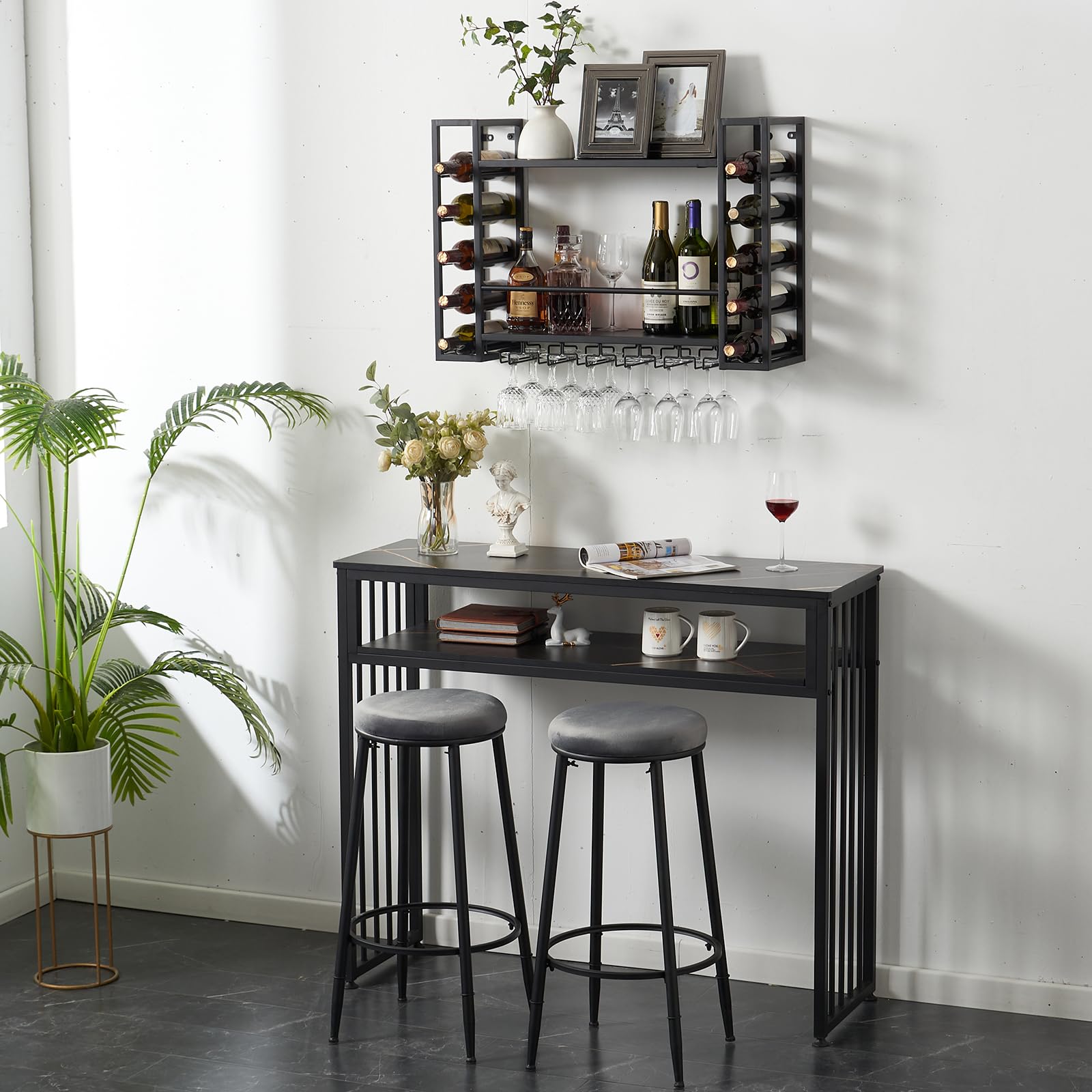 GOLASON Wall Mounted Wine Rack with Glass Holder, Metal Bottle Holder Wine Storage Display Rack for Home Bar Dining Room Kitchen (31.5 Inch, Black)