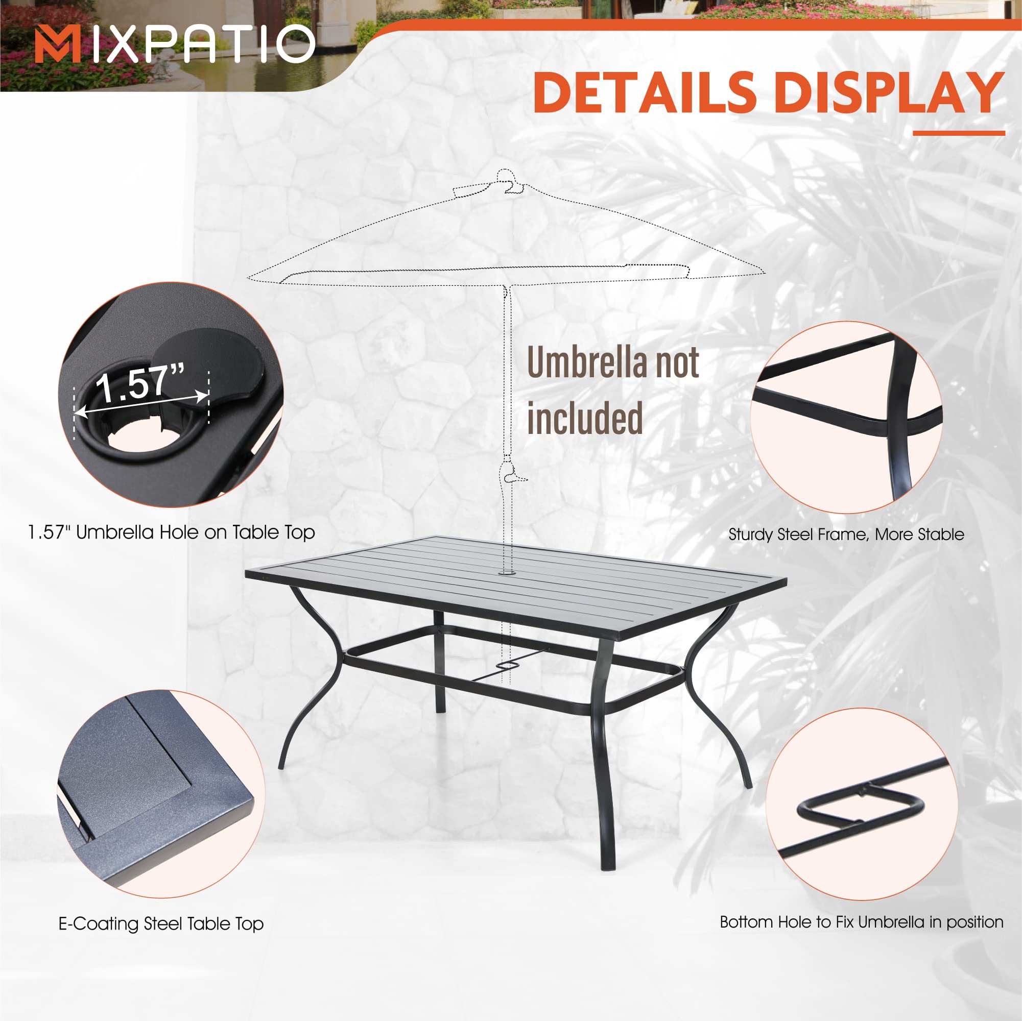MIXPATIO Outdoor Table and Chairs, Patio Dining Sets for 6 with Blue Chairs and Metal Rectangular Table for Deck Backyard Lawn Poolside