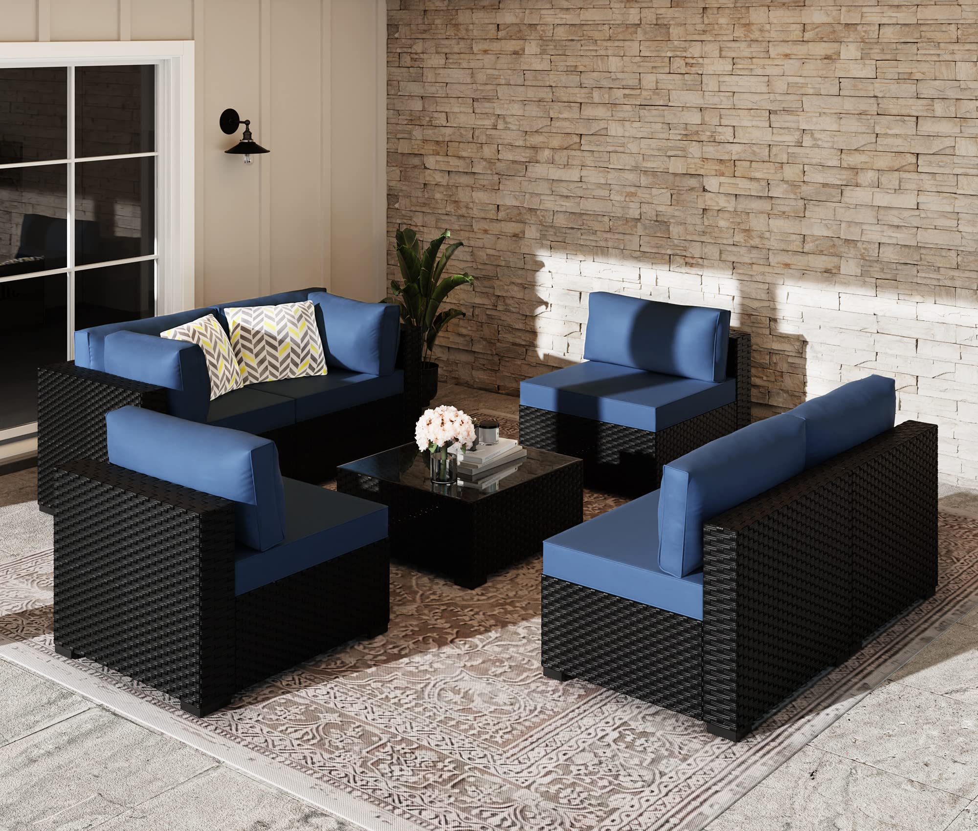 SUNLEI 7pcs Patio Conversation Sets Outdoor Furniture Sets, High Back All-Weather Rattan Sectional Sofa with Tea Table&Washable Couch Cushions(Black Rattan)(Aegean Blue)