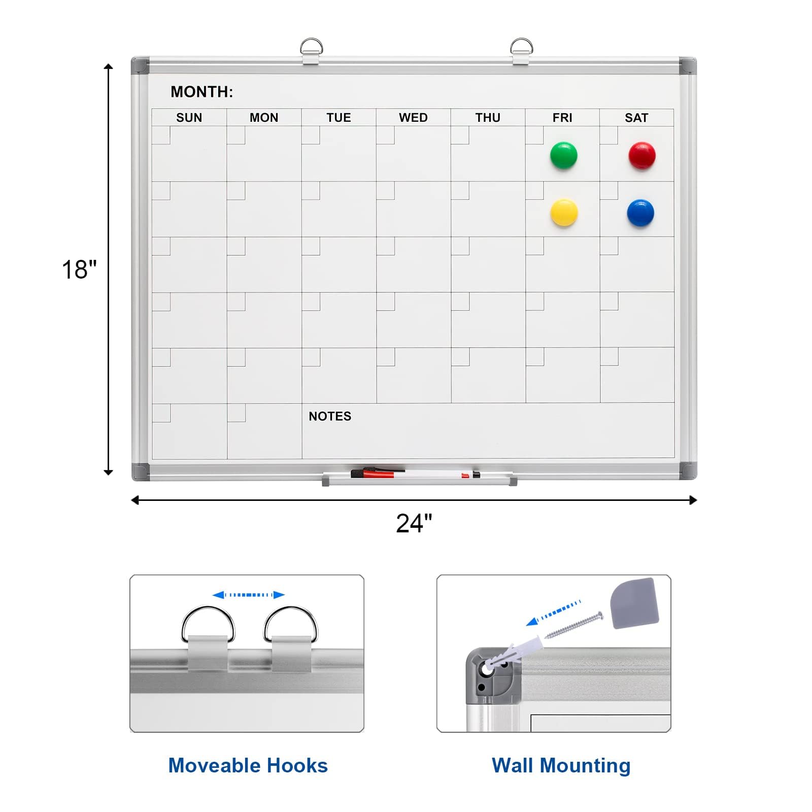 Comix Magnetic Dry Erase Calendar Whiteboard, 24 x 18 Inches Monthly Calendar Dry Erase Board for Wall, Aluminum Frame Planner White Board with Markers, Eraser, Magnets