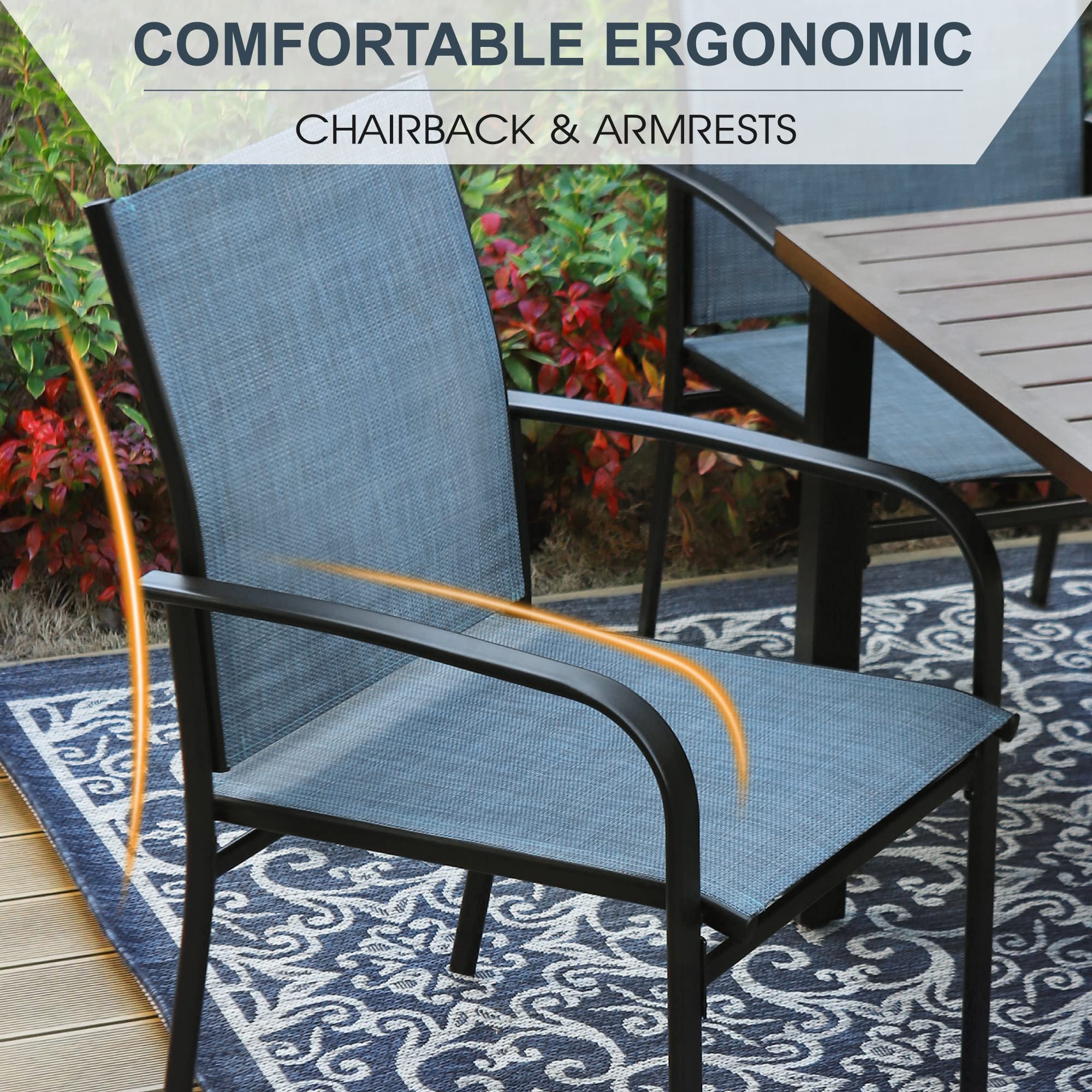 MIXPATIO Outdoor Table and Chairs, Patio Dining Sets for 6 with Blue Chairs and Metal Rectangular Table for Deck Backyard Lawn Poolside