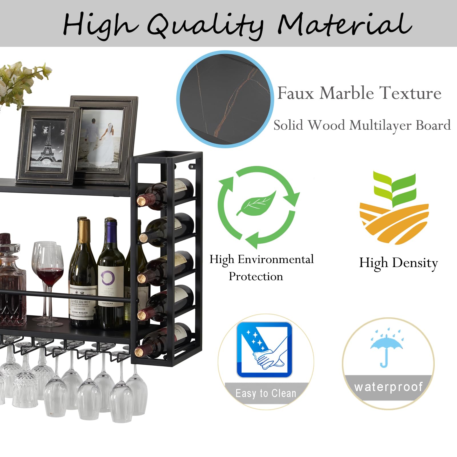 GOLASON Wall Mounted Wine Rack with Glass Holder, Metal Bottle Holder Wine Storage Display Rack for Home Bar Dining Room Kitchen (31.5 Inch, Black)
