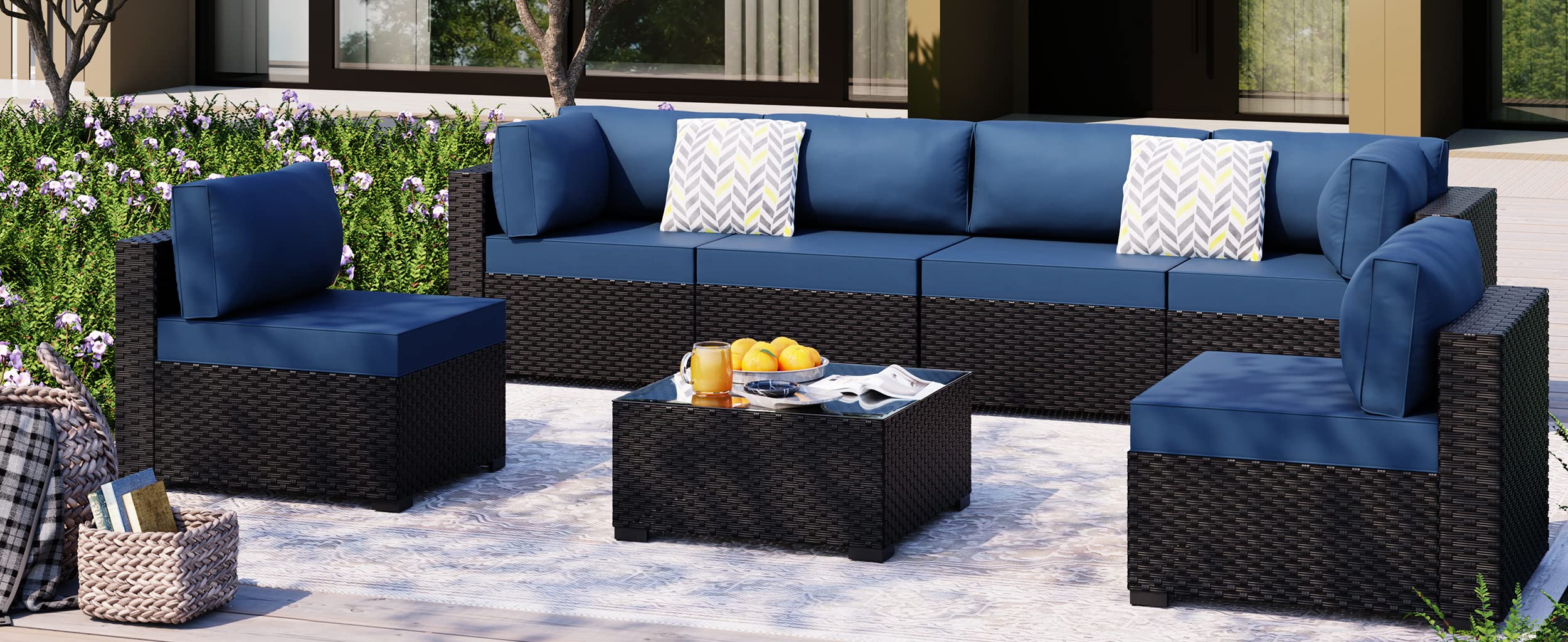 SUNLEI 7pcs Patio Conversation Sets Outdoor Furniture Sets, High Back All-Weather Rattan Sectional Sofa with Tea Table&Washable Couch Cushions(Black Rattan)(Aegean Blue)