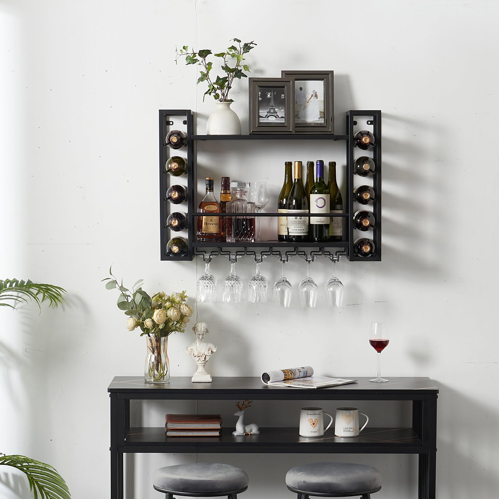 GOLASON Wall Mounted Wine Rack with Glass Holder, Metal Bottle Holder Wine Storage Display Rack for Home Bar Dining Room Kitchen (31.5 Inch, Black)