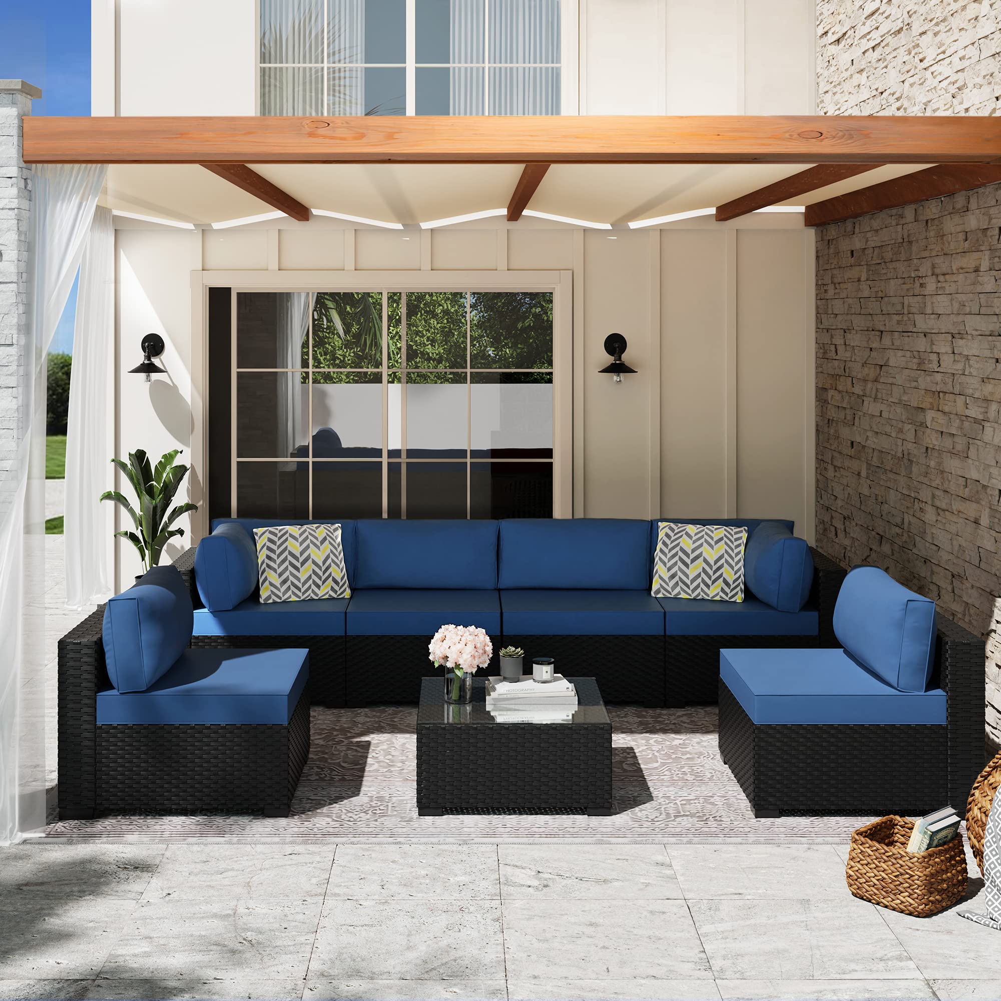 SUNLEI 7pcs Patio Conversation Sets Outdoor Furniture Sets, High Back All-Weather Rattan Sectional Sofa with Tea Table&Washable Couch Cushions(Black Rattan)(Aegean Blue)