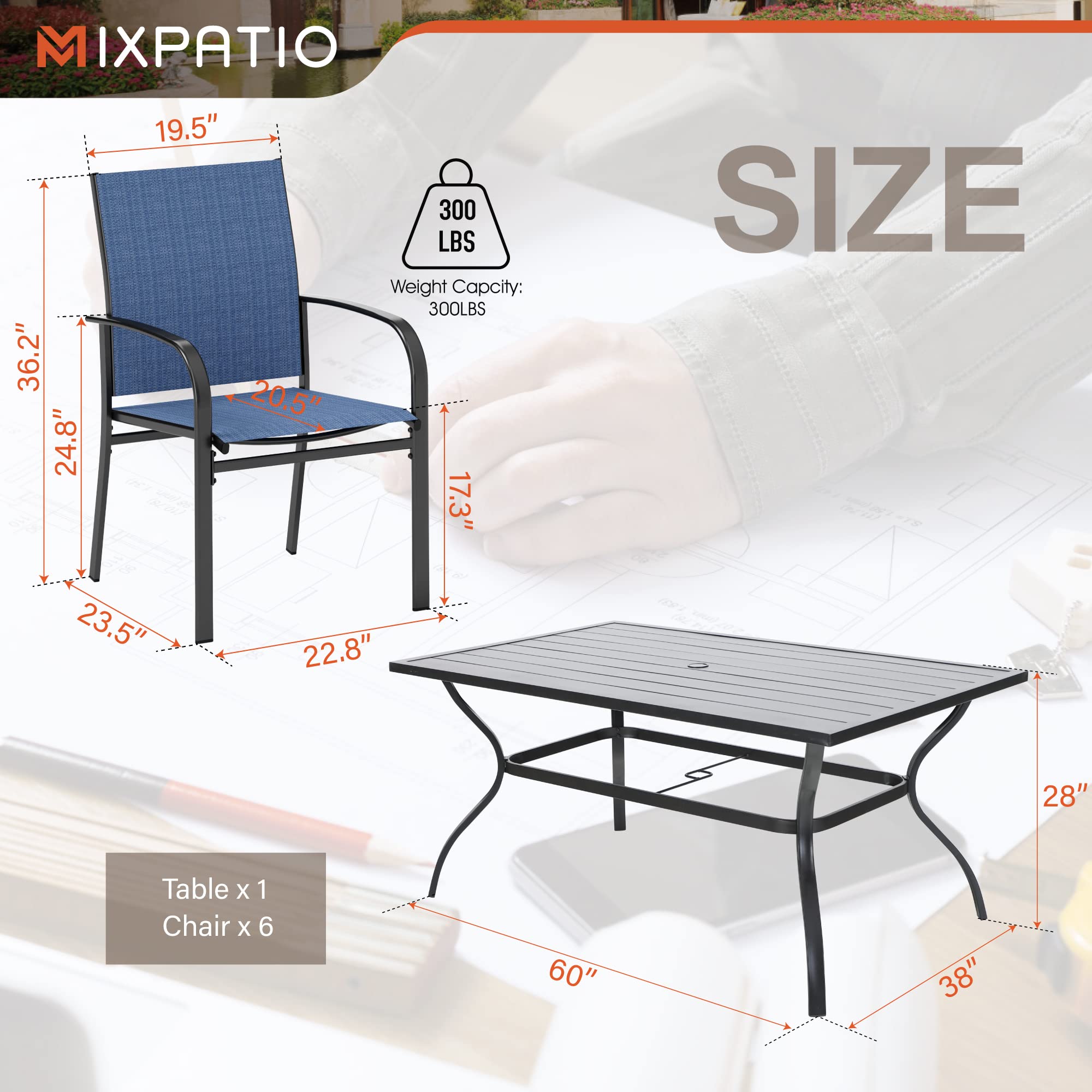 MIXPATIO Outdoor Table and Chairs, Patio Dining Sets for 6 with Blue Chairs and Metal Rectangular Table for Deck Backyard Lawn Poolside