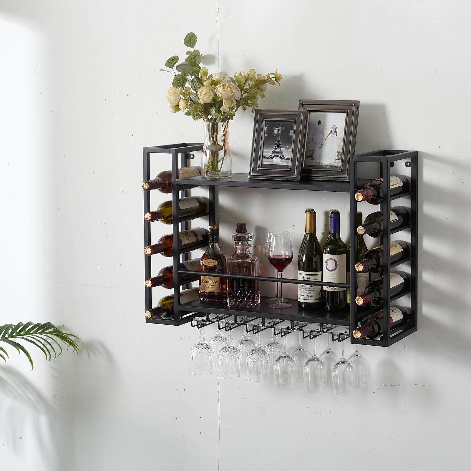 GOLASON Wall Mounted Wine Rack with Glass Holder, Metal Bottle Holder Wine Storage Display Rack for Home Bar Dining Room Kitchen (31.5 Inch, Black)